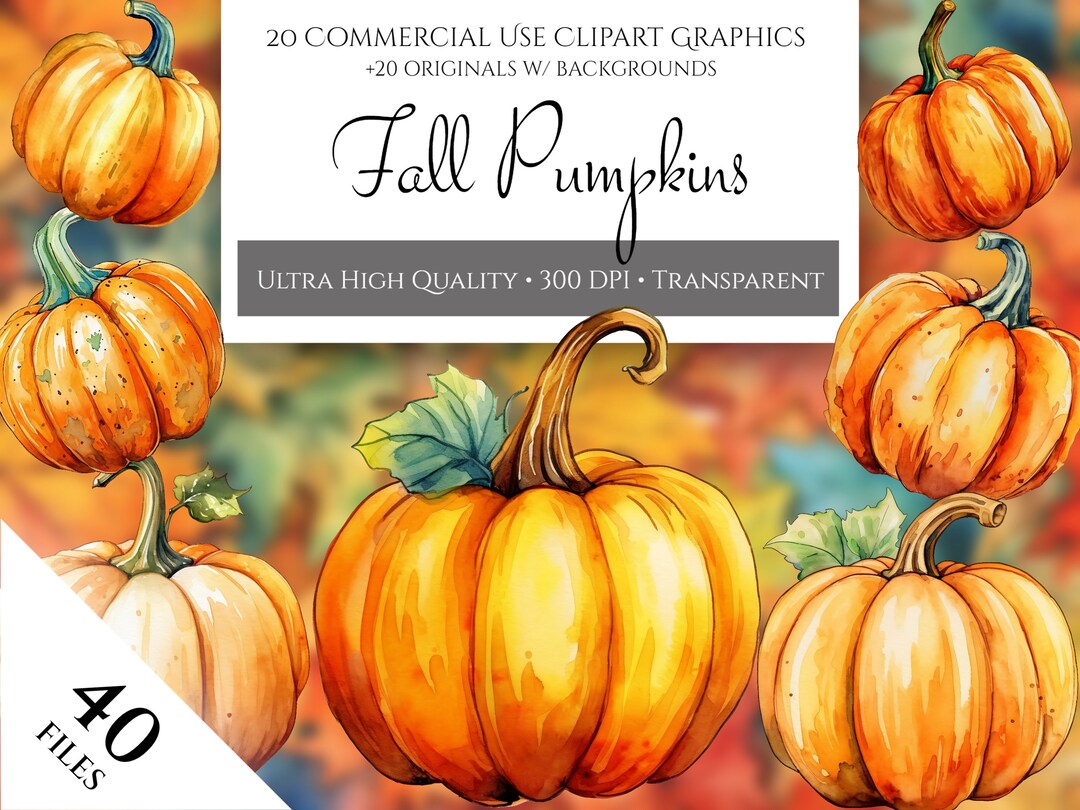 Watercolor Fall Pumpkin Clipart Pack, Autumn Watercolor in PNG Format ...