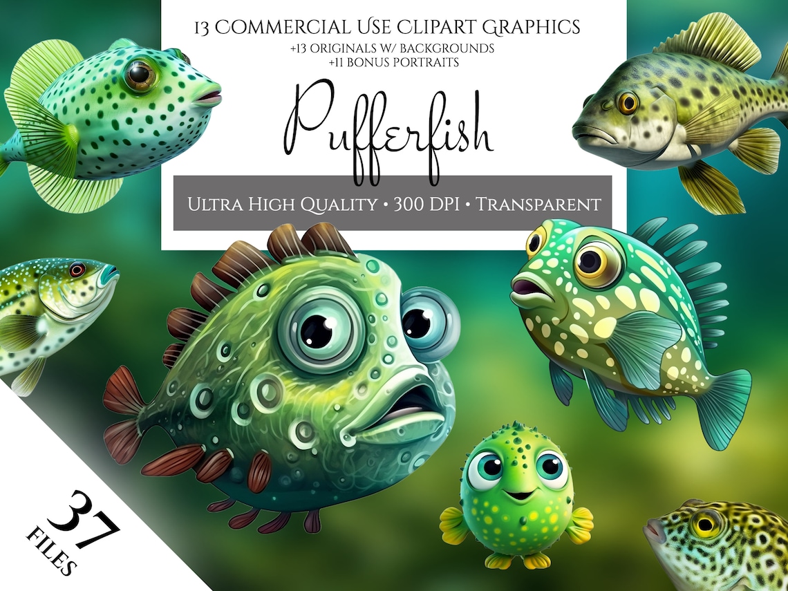 Pufferfish Clipart Pack, Clipart for Commercial Use, Transparent Pngs ...