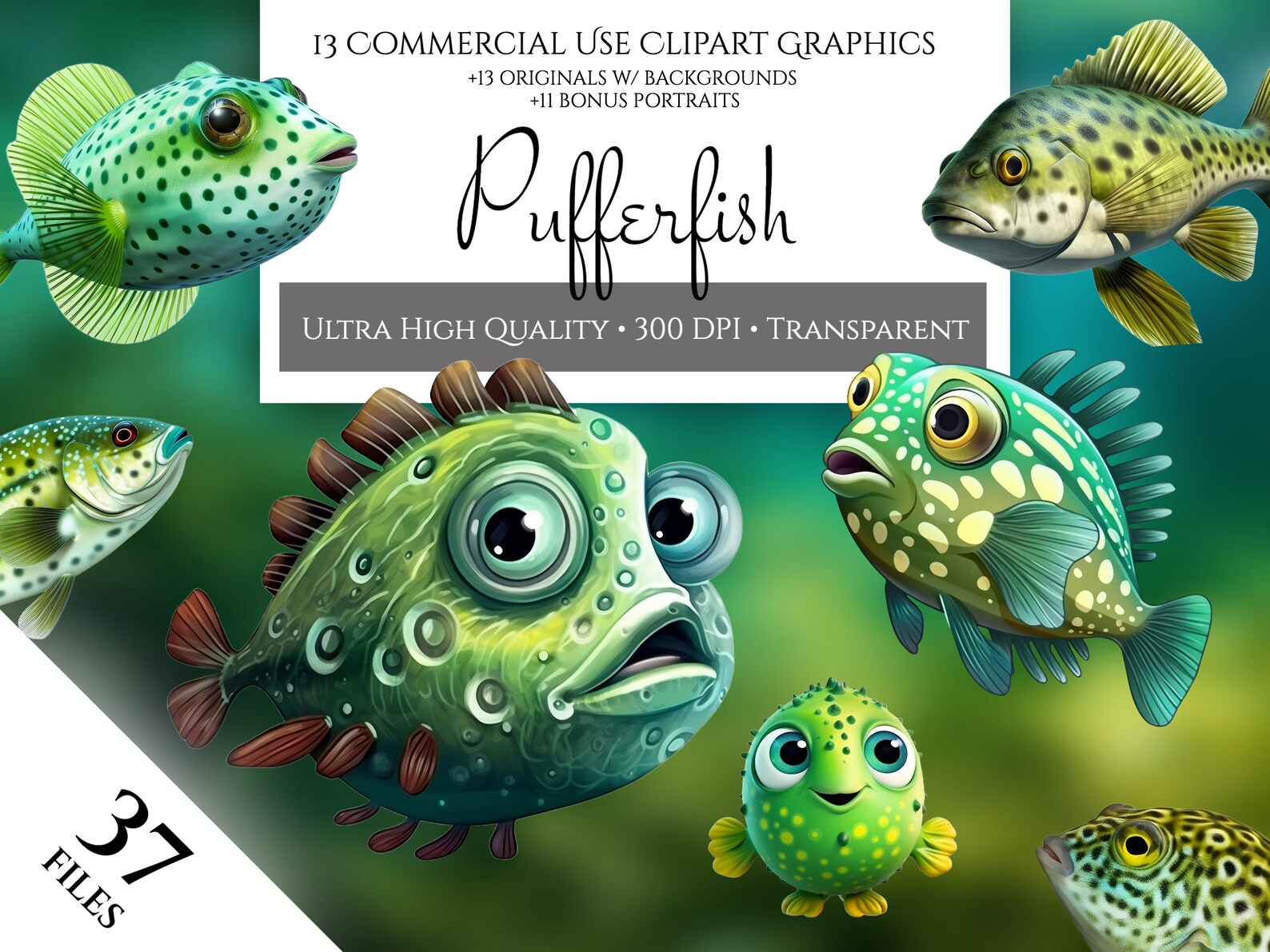 Pufferfish Clipart Pack, Clipart for Commercial Use, Transparent Pngs ...