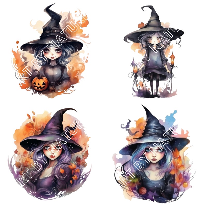 Halloween Witches Clipart Pack, PNG Watercolor Magic Witch for ...