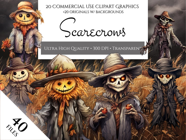 Scarecrow Clipart Pack: Spooky Halloween PNG Graphics (commercial Use ...