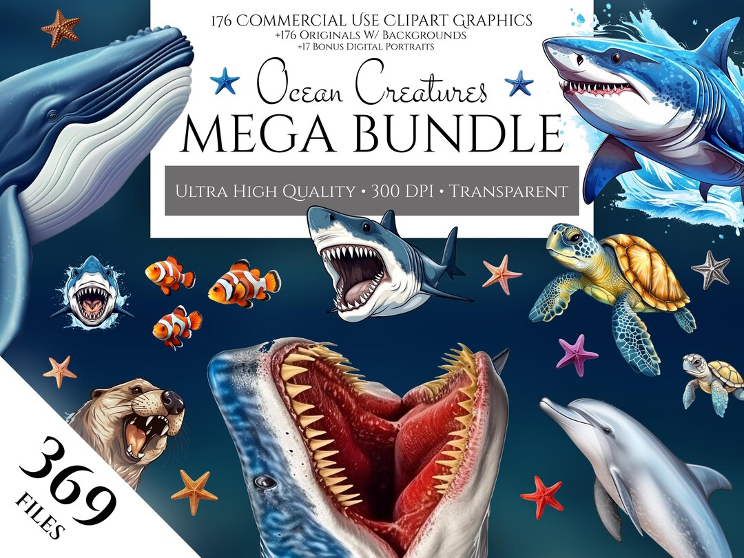 Sea Creatures Clipart Pack, Clipart for Commercial Use, Transparent ...