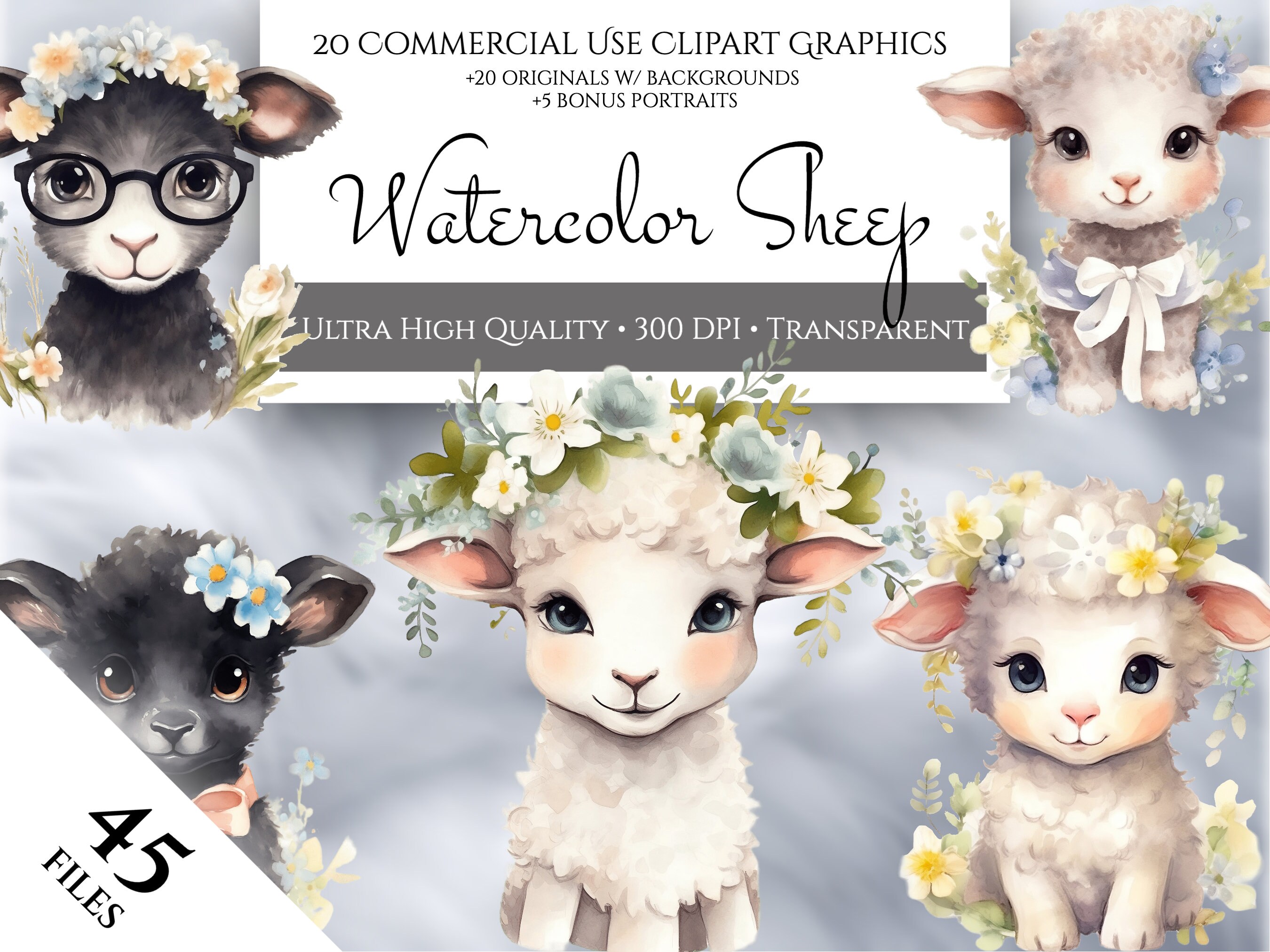 Watercolor Sheep Clipart PNG Bundle, Printable Floral Nursery and Farm ...