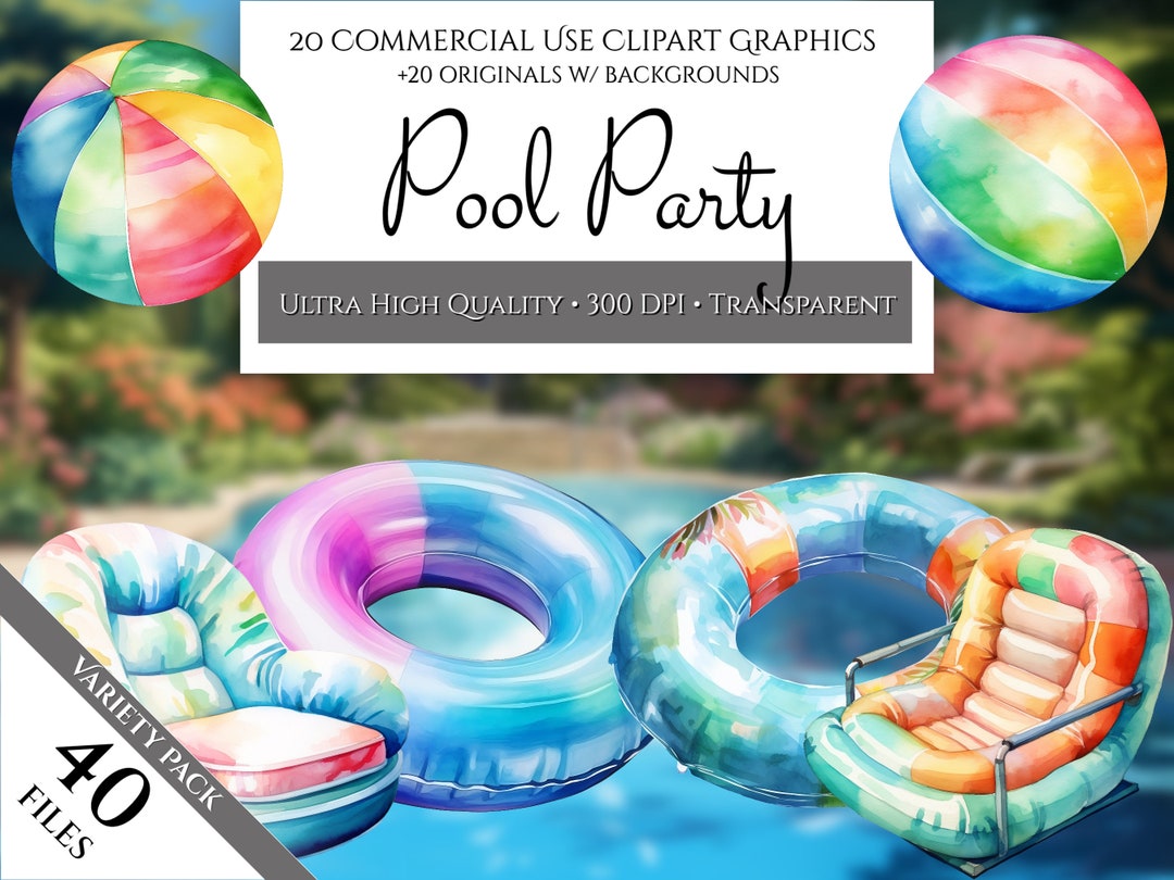 Watercolor Pool Party Variety Pack, 20 High Quality PNG Clipart Designs ...