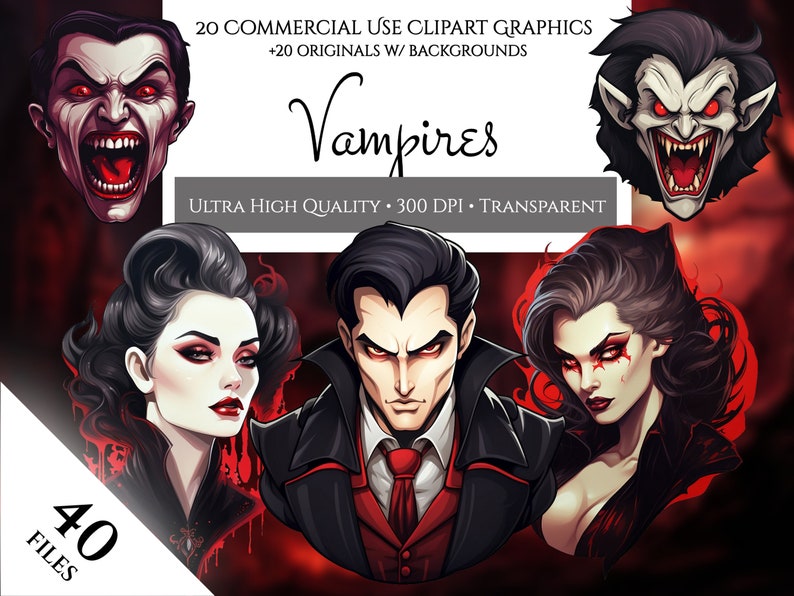 Spooky Vampires Clipart Pack, 20 Scary PNG Vampire Clipart for Commercial Use, Halloween Clipart ...