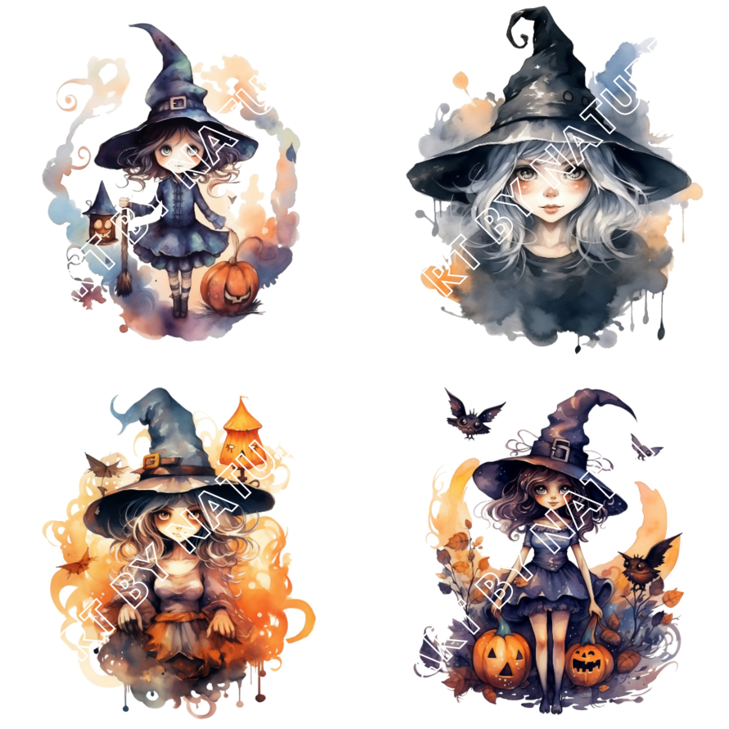 Halloween Witches Clipart Pack, PNG Watercolor Magic Witch for ...