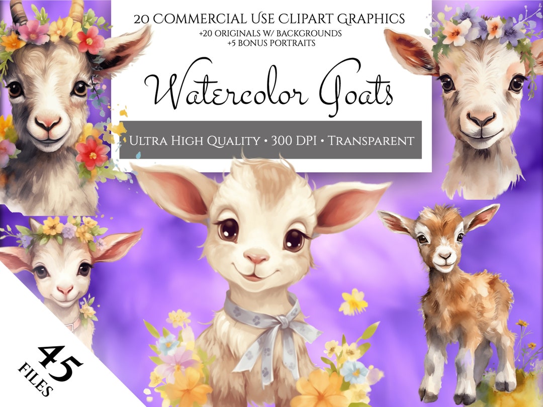 Watercolor Baby Goats Clipart Bundle, Cute Floral Watercolor Baby Goats ...