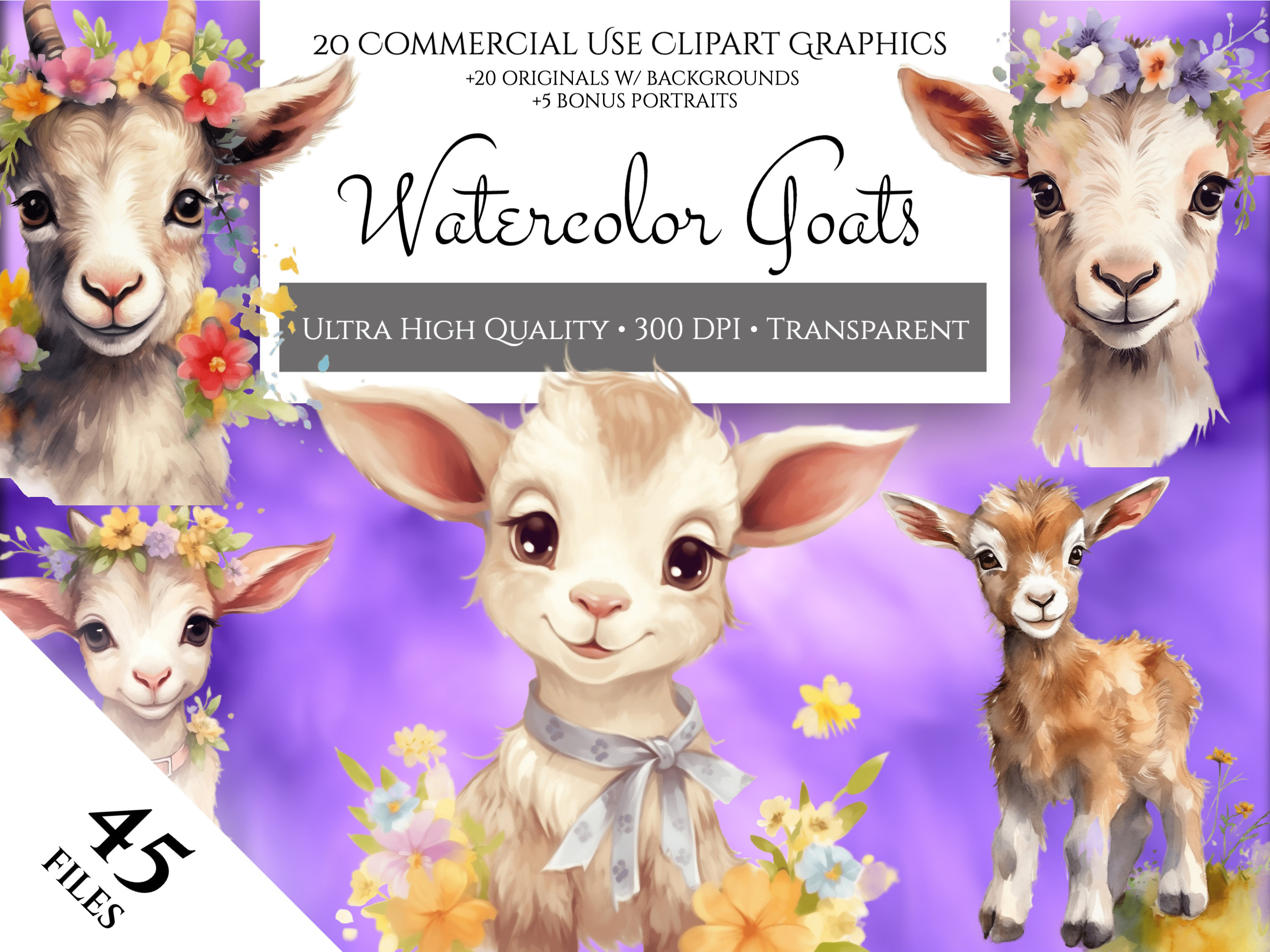 Watercolor Baby Goats Clipart Bundle, Cute Floral Watercolor Baby Goats ...