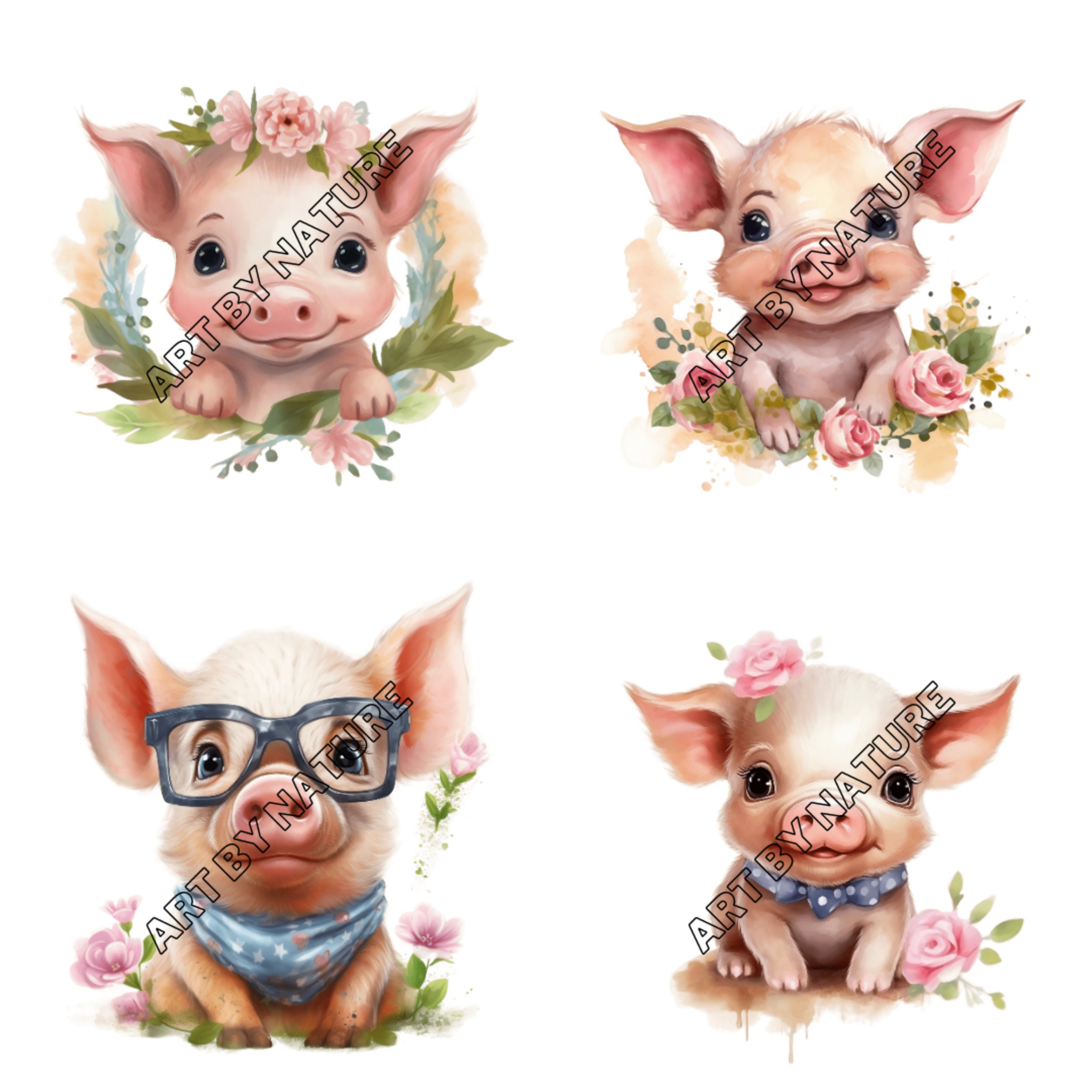 Adorable Watercolor Pigs Clipart Bundle, Cute Floral Piglets PNG ...