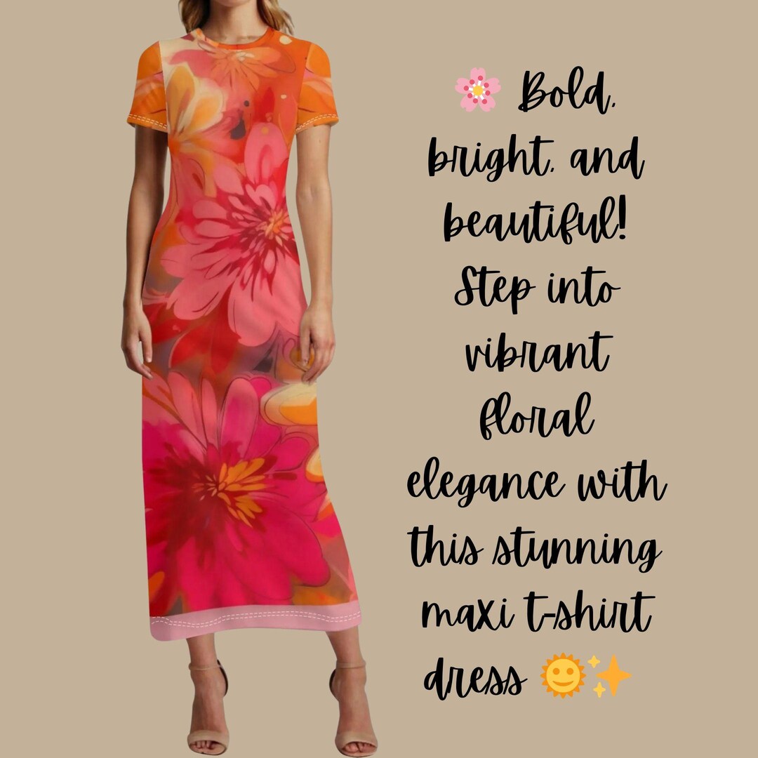 Vibrant Floral Maxi T-shirt Dress Bright Orange & Pink Abstract Dress ...