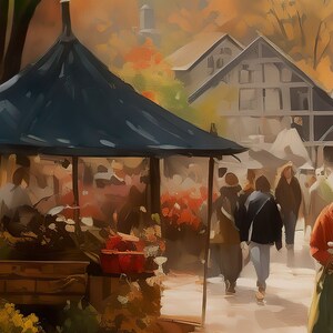 Autumn in the Market Town Vintage Style Landscape Oil Painting ...