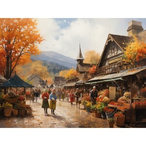 Autumn in the Market Town Vintage Style Landscape Oil Painting ...