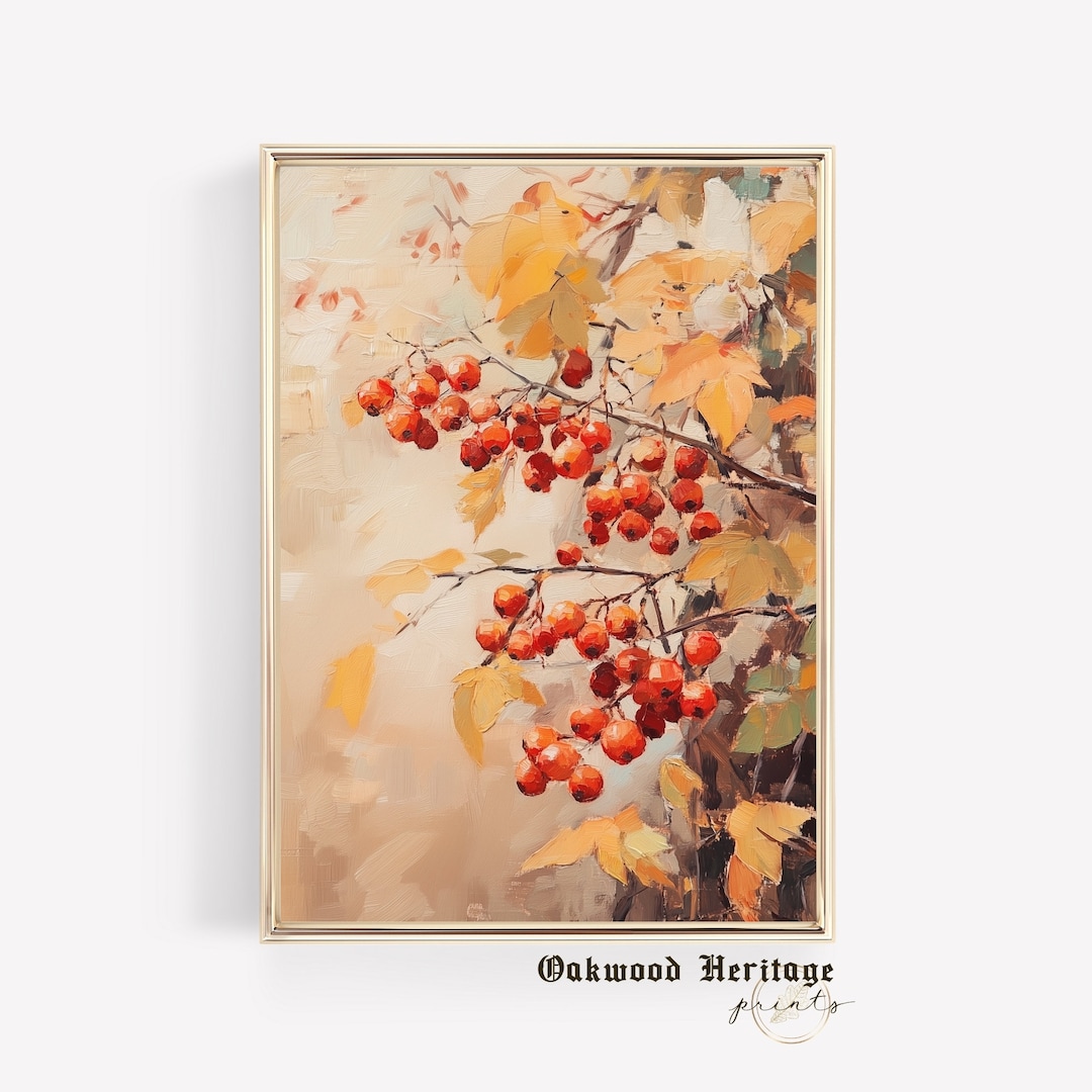 Autumn Leaves Painting Red Berry Tree Print Berries Botanical Artwork ...