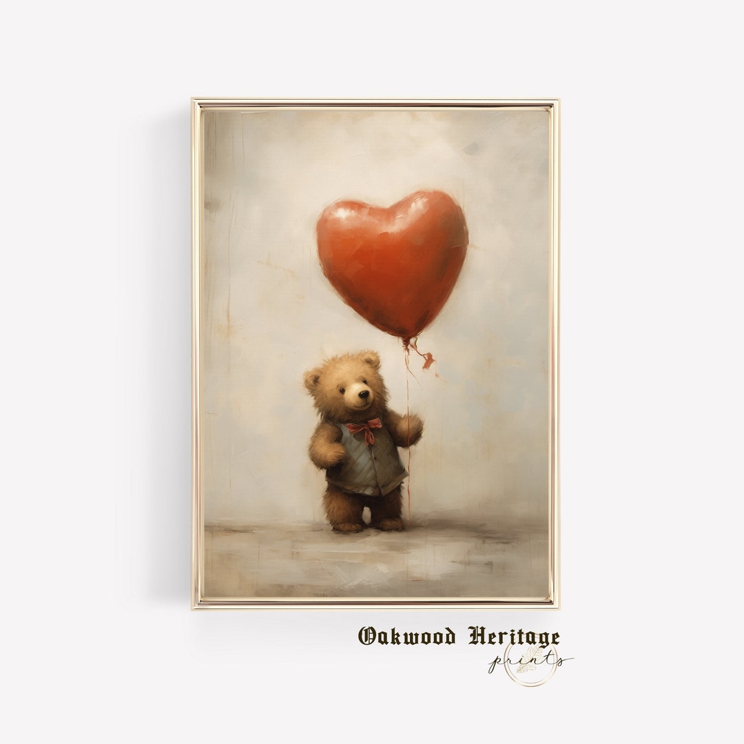 Teddy Bear With Heart Balloon Painting Cute Vintage Wall Art Teddybear ...