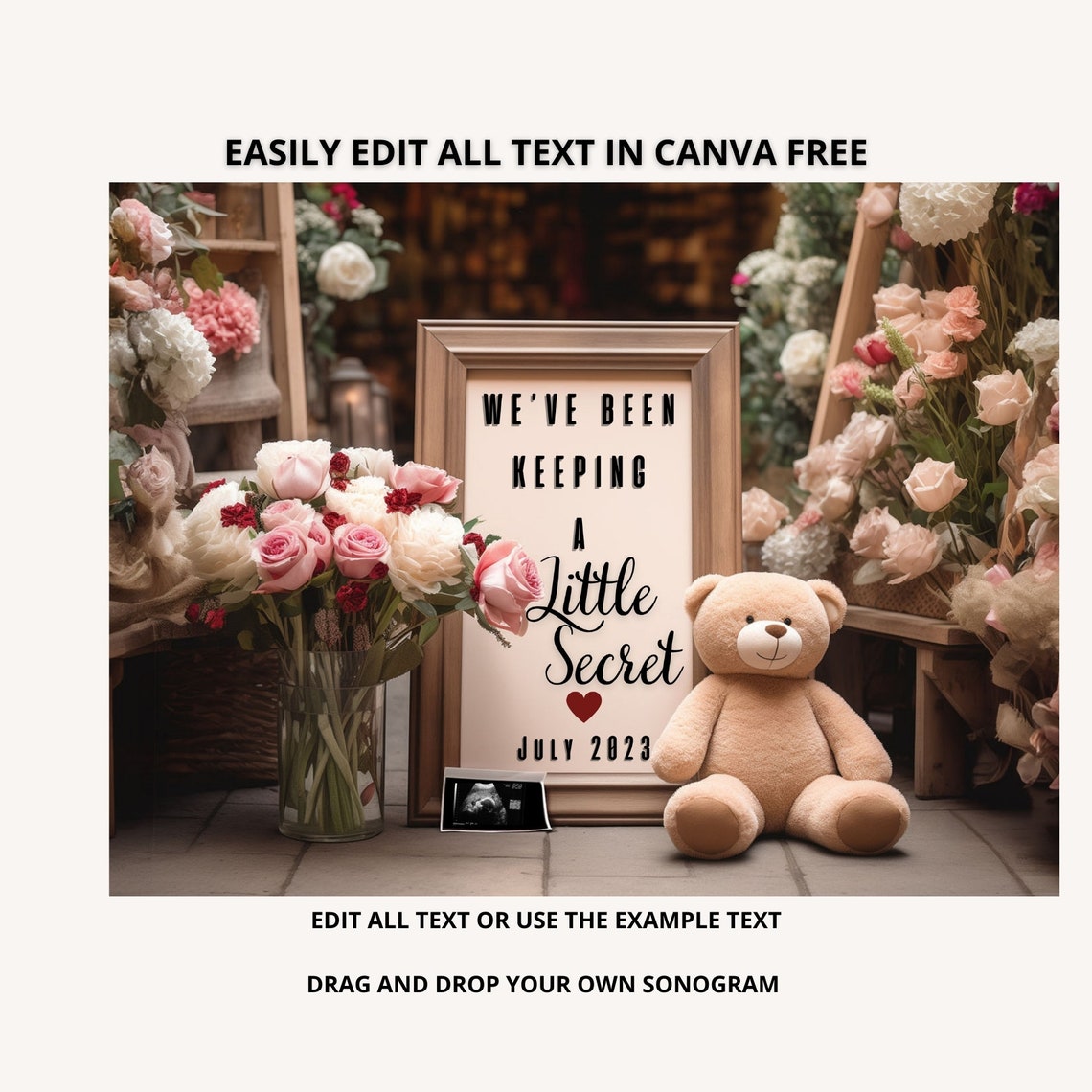 Editable Digital Pregnancy Announcement, Flowers Pregnancy Reveal ...