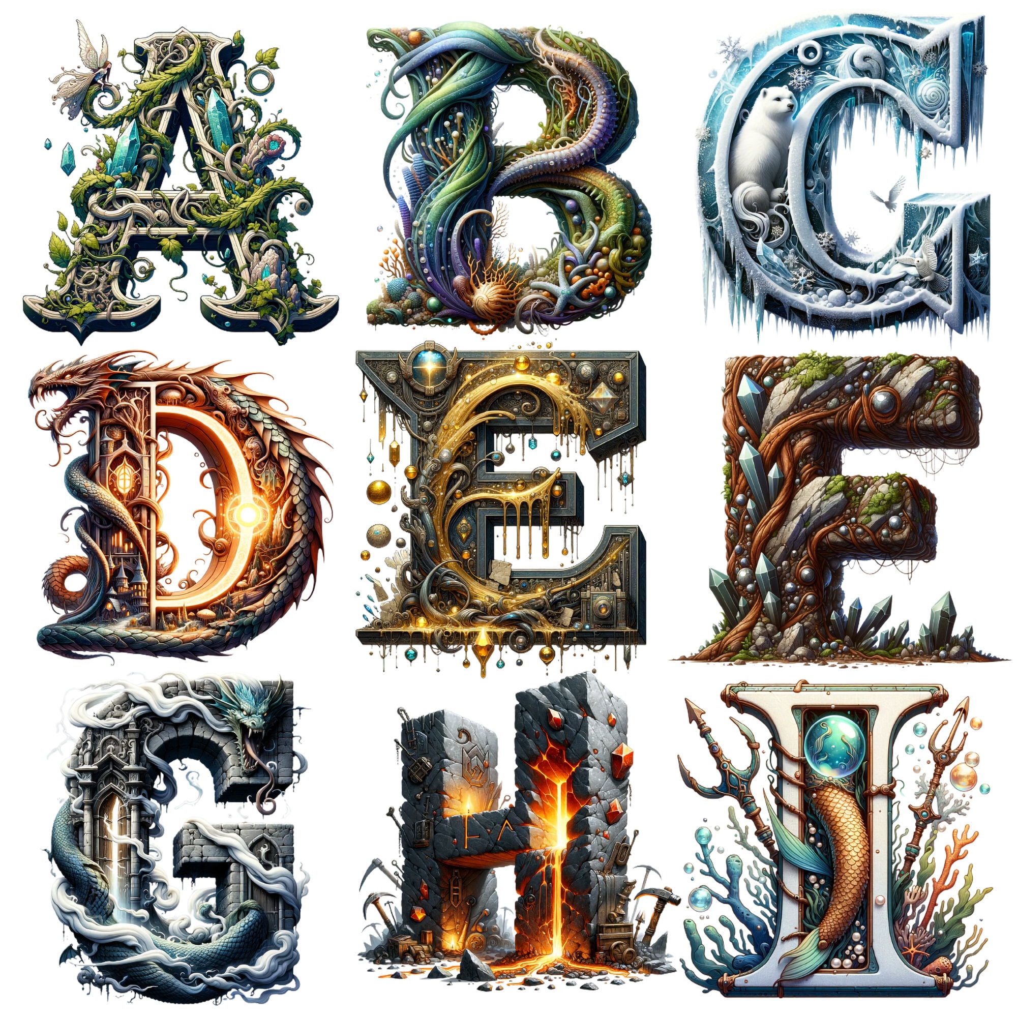 Fantasy Clipart Bundle: Decorative Letters PNG Alphabet Clipart Pack ...