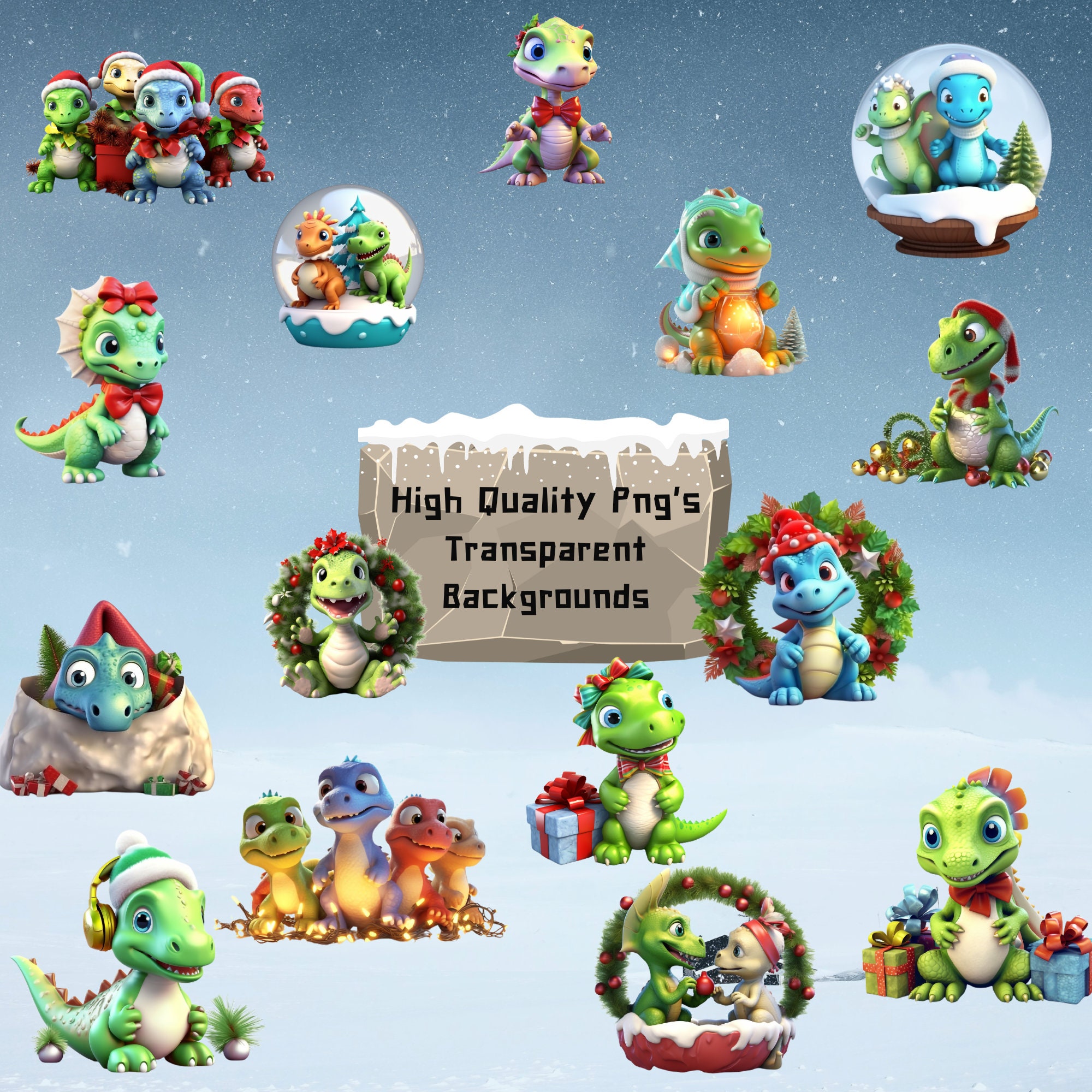 Christmas Dinosaur Clipart Bundle 42 Commercial Use Cute Dino Pngs Kids ...