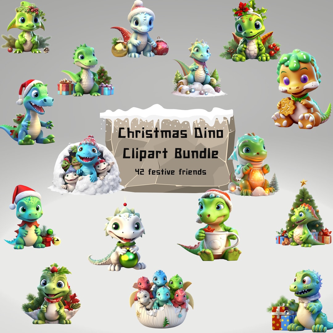 Christmas Dinosaur Clipart Bundle 42 Commercial Use Cute Dino Pngs Kids ...