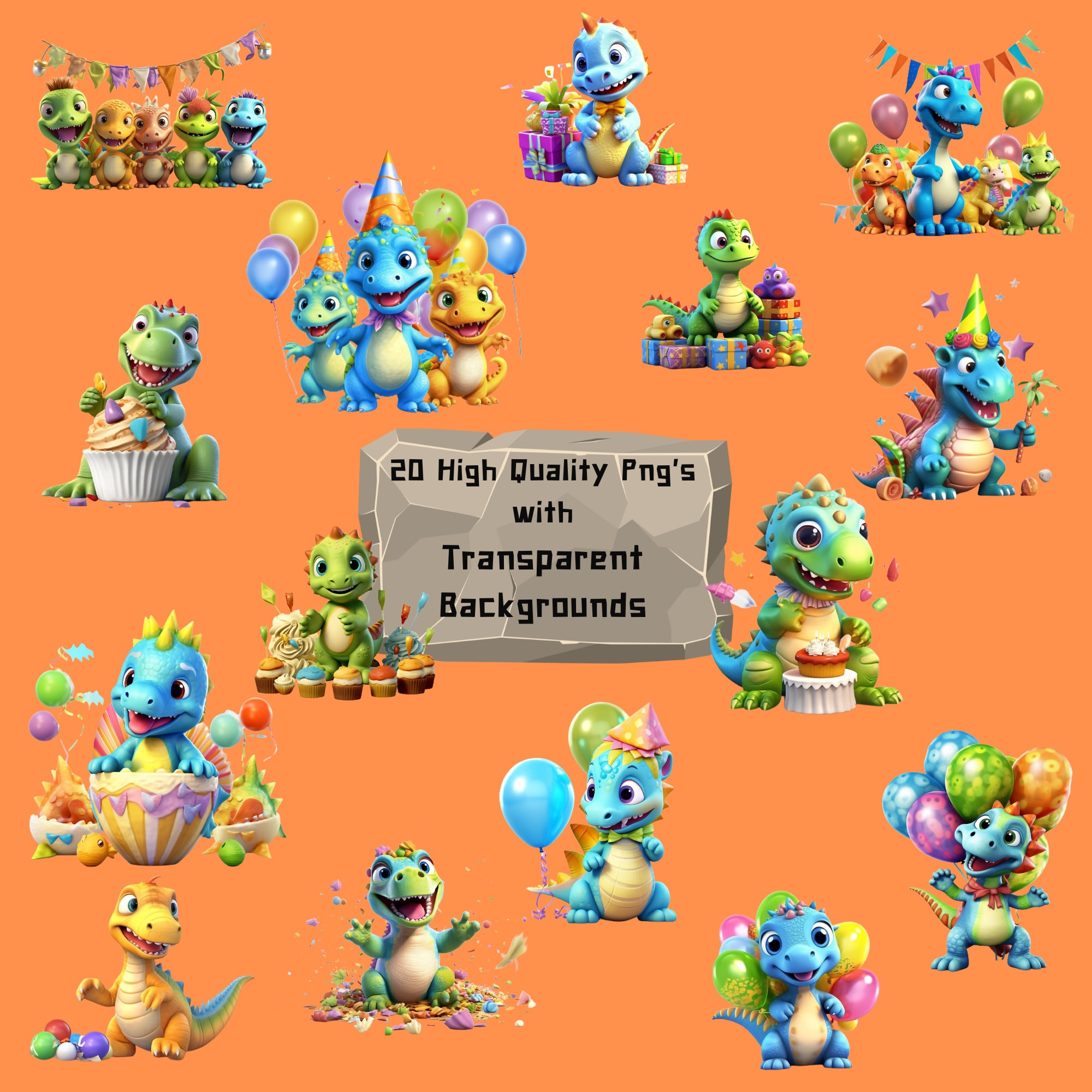 Birthday Dinos Clipart Bundle 20 Adorable Baby Dinosaur PNG Cute ...