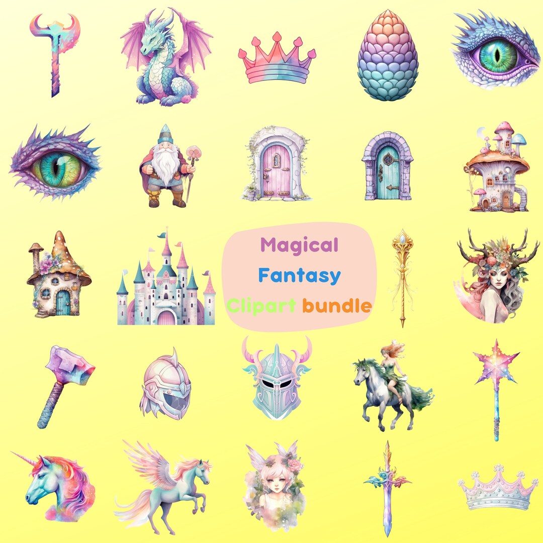 Magical Fantasy Clipart Bundle: Dragons, Fairy Houses, Wands, Swords ...