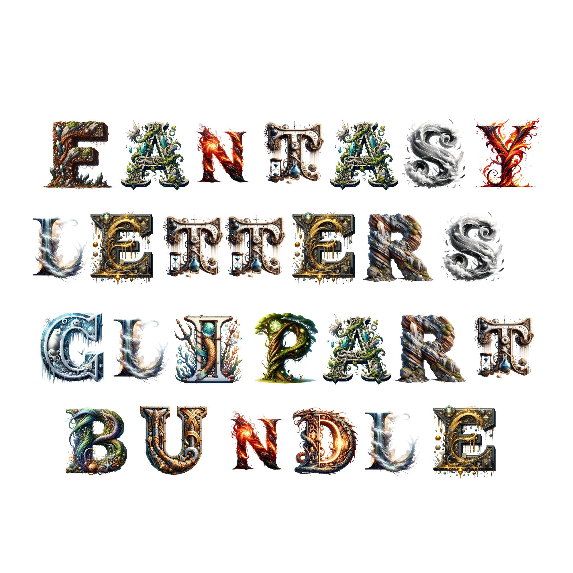 Fantasy Clipart Bundle: Decorative Letters PNG Alphabet Clipart Pack ...