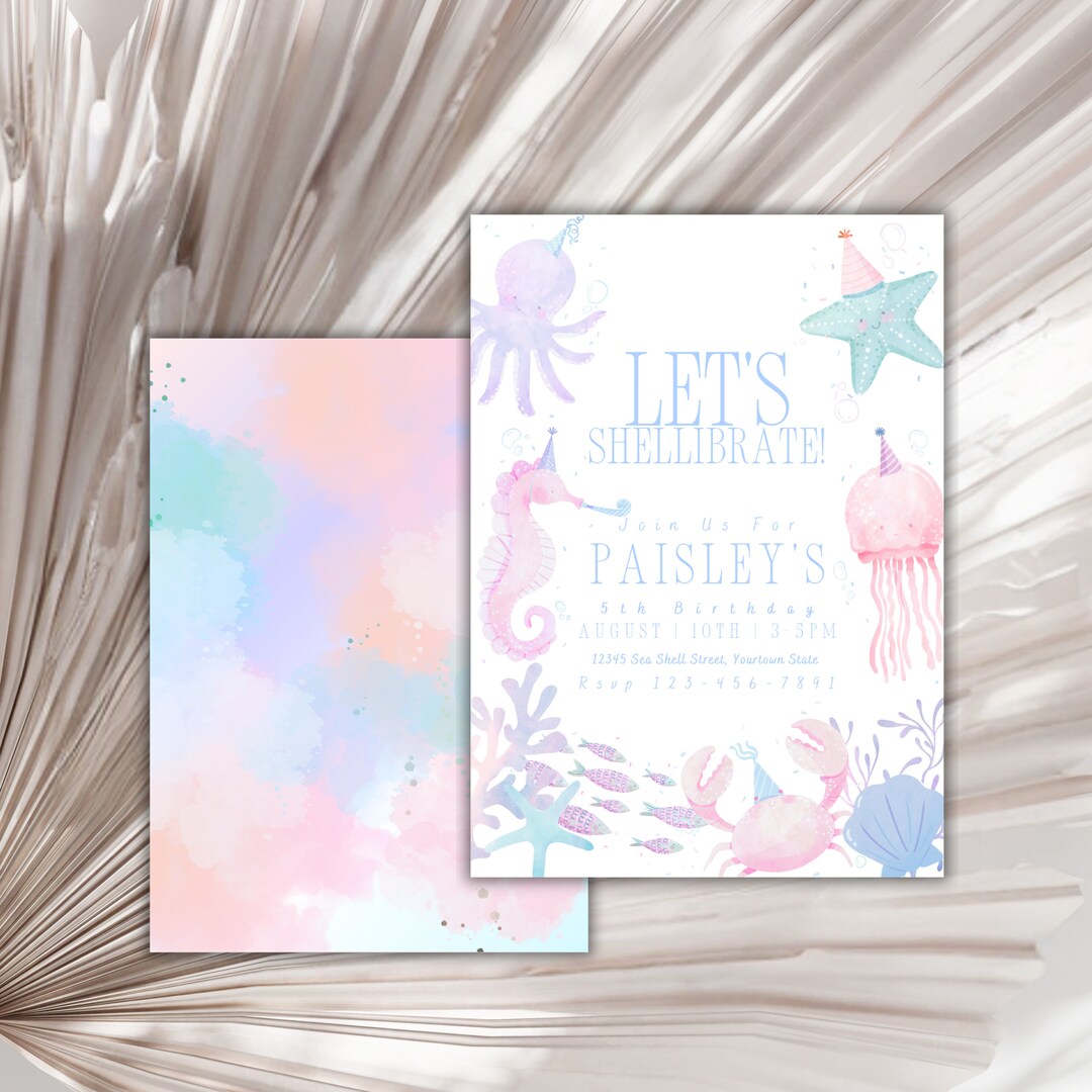 Editable Lets Shellibrate Ocean Theme Invitation Pastel Beach Pool ...