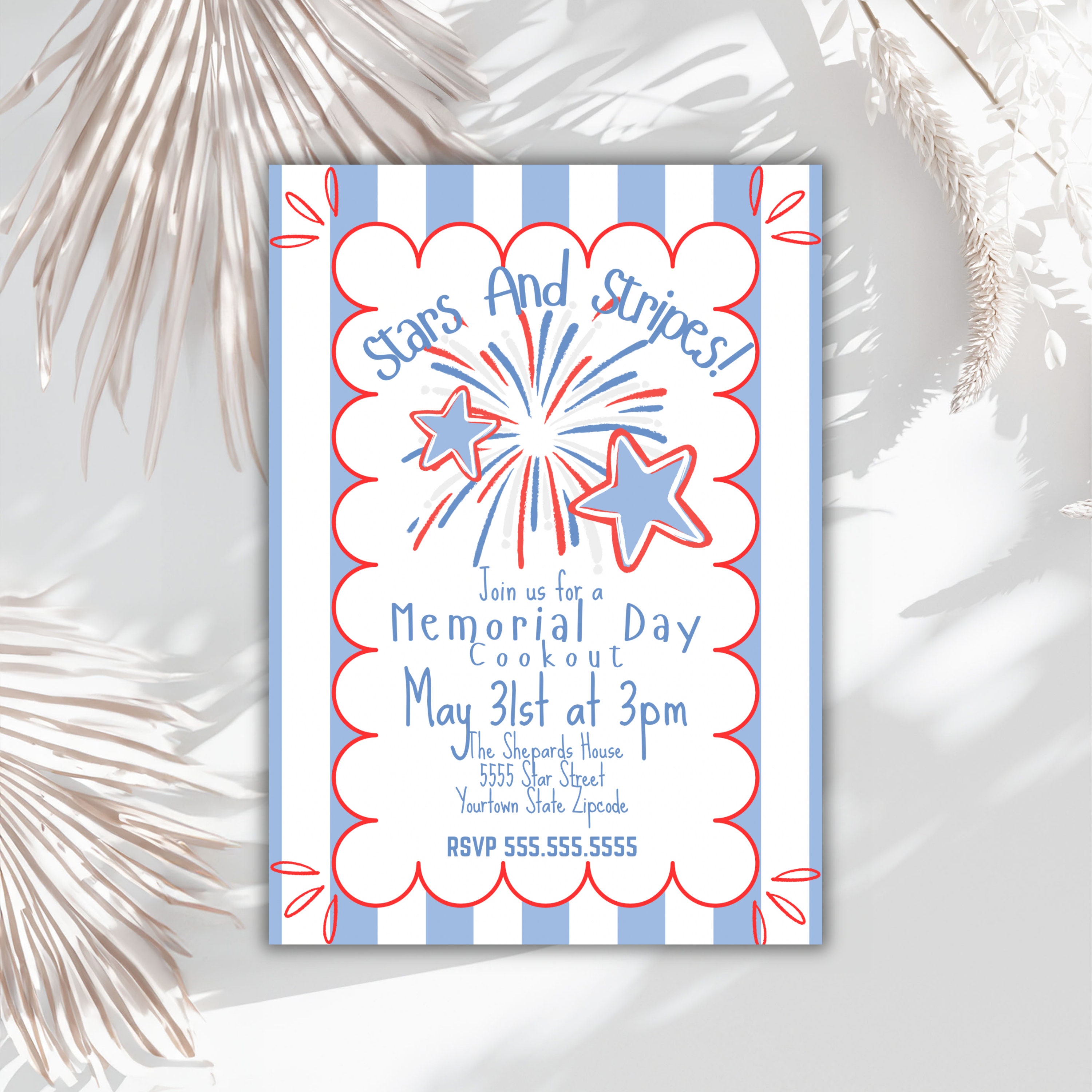 Editable Memorial Day Invitation memorial Summer Party Doodle-gingham ...