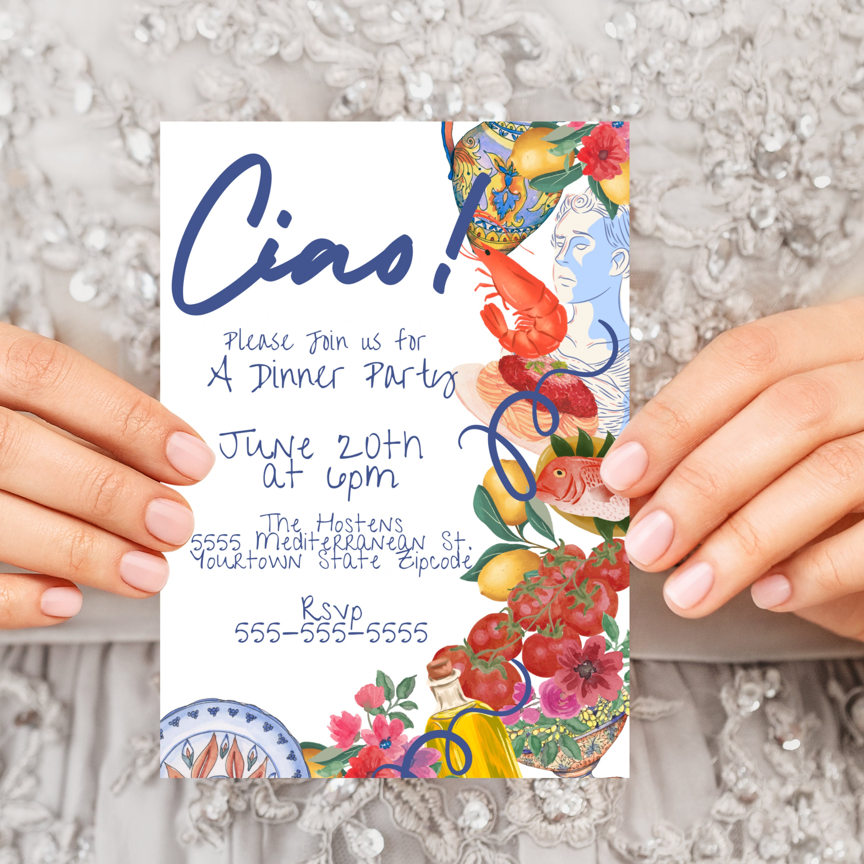 Editable- Italian Dinner Party Invite Italy Mediterranean Illustrated ...