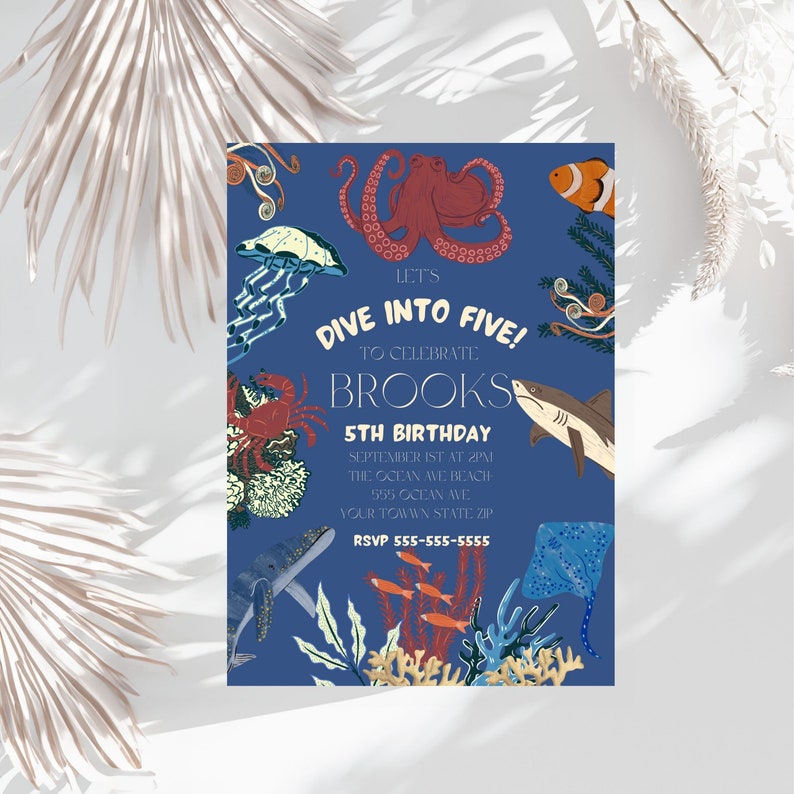 Editable Dive Into Five Invitation Pool Party Cool 5th Ocean Birthday ...