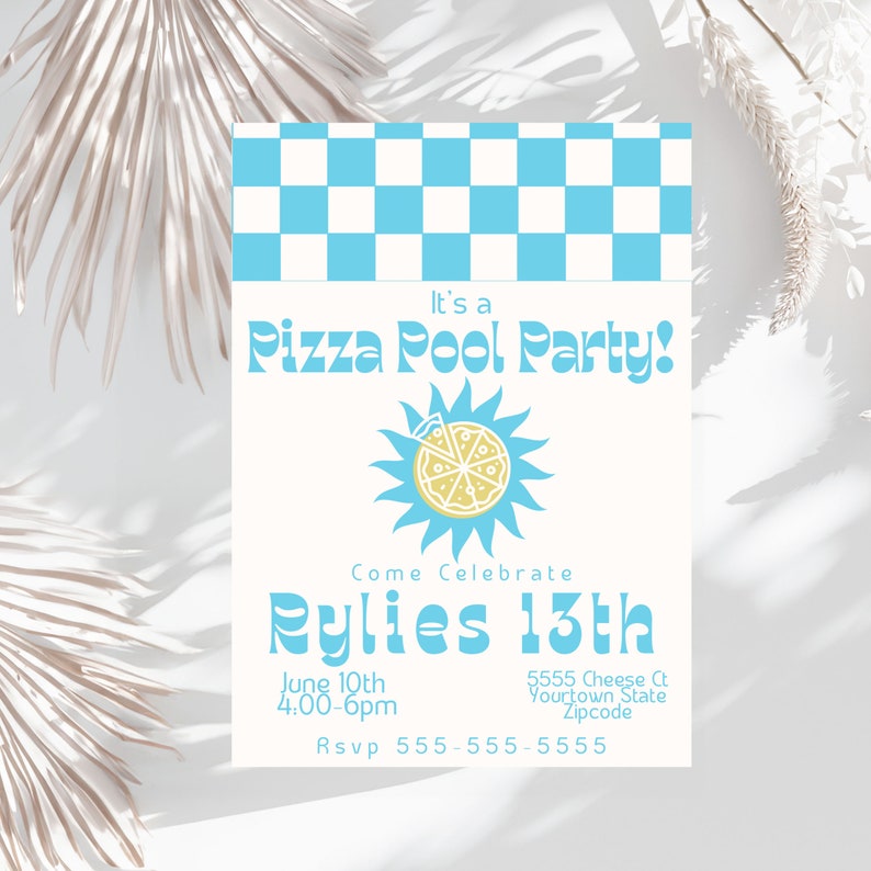 Editable Pizza Pool Party Invitation Retro Aqua Swimming Retro Preppy ...