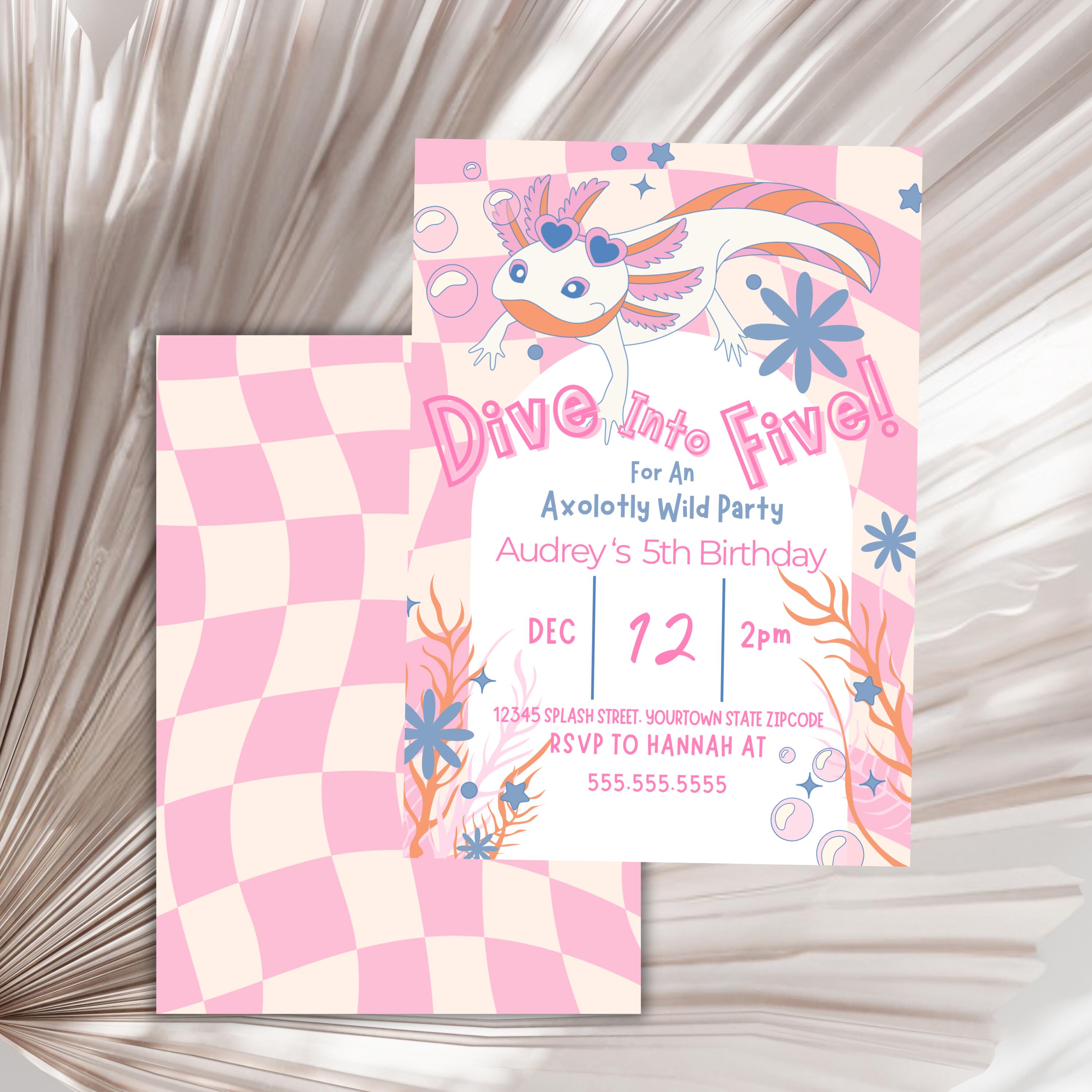 Editable Axolotl Dive Into Five Girl Invite Cool Girl Pink Axolotl 5th ...