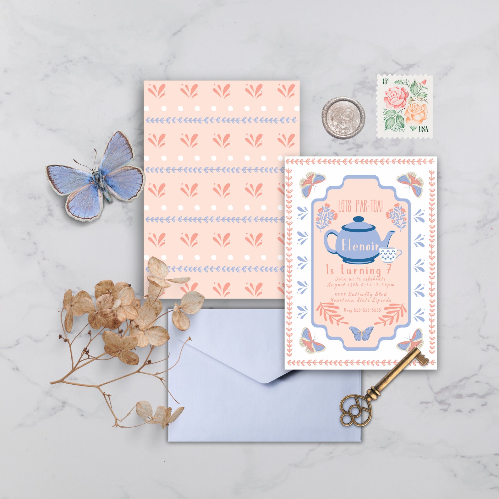 Digital Childrens Tea Party Invitation Garden Party Birthday Bow ...