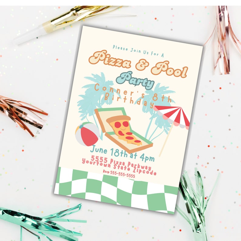 Editable Pizza Pool Party Invitation Retro Boys Swimming Retro Pizza ...