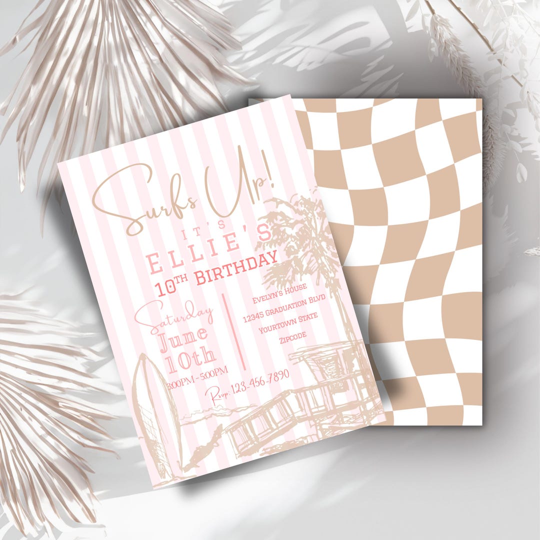 Editable Girl Surfer Invite Surfs up Hawaiian Invitation Hang 10 Party ...