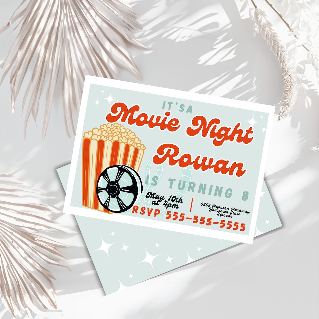 Editable Movie Party Invitation, Retro Movie Night Theater Birthday ...