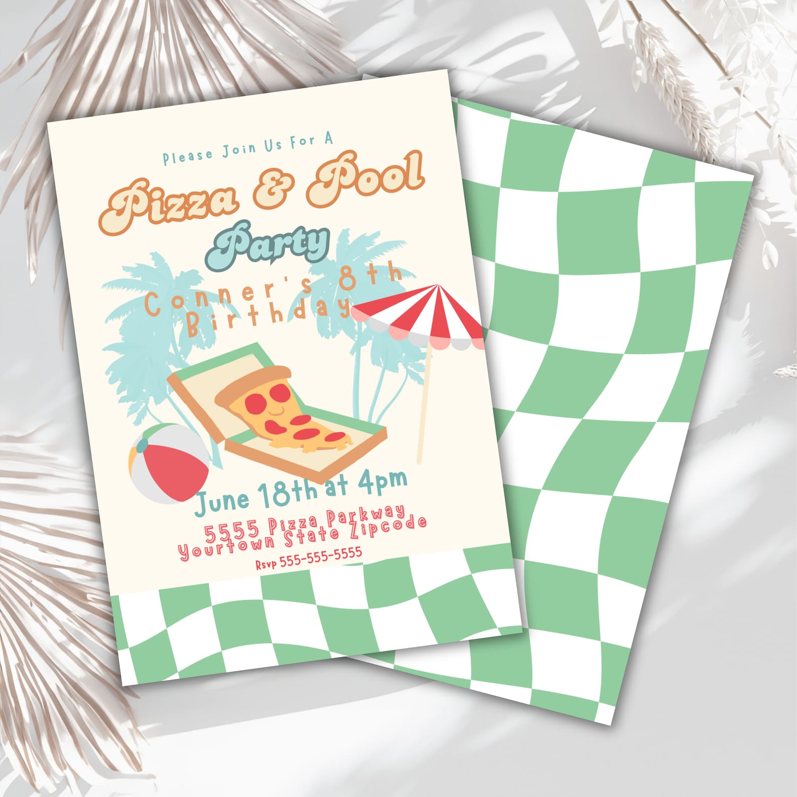 Editable Pizza Pool Party Invitation Retro Boys Swimming Retro Pizza ...