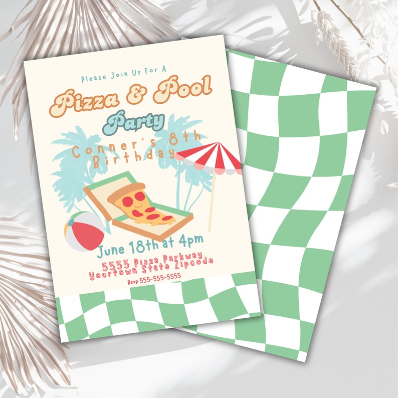Editable Pizza Pool Party Invitation Retro Boys Swimming Retro Pizza ...