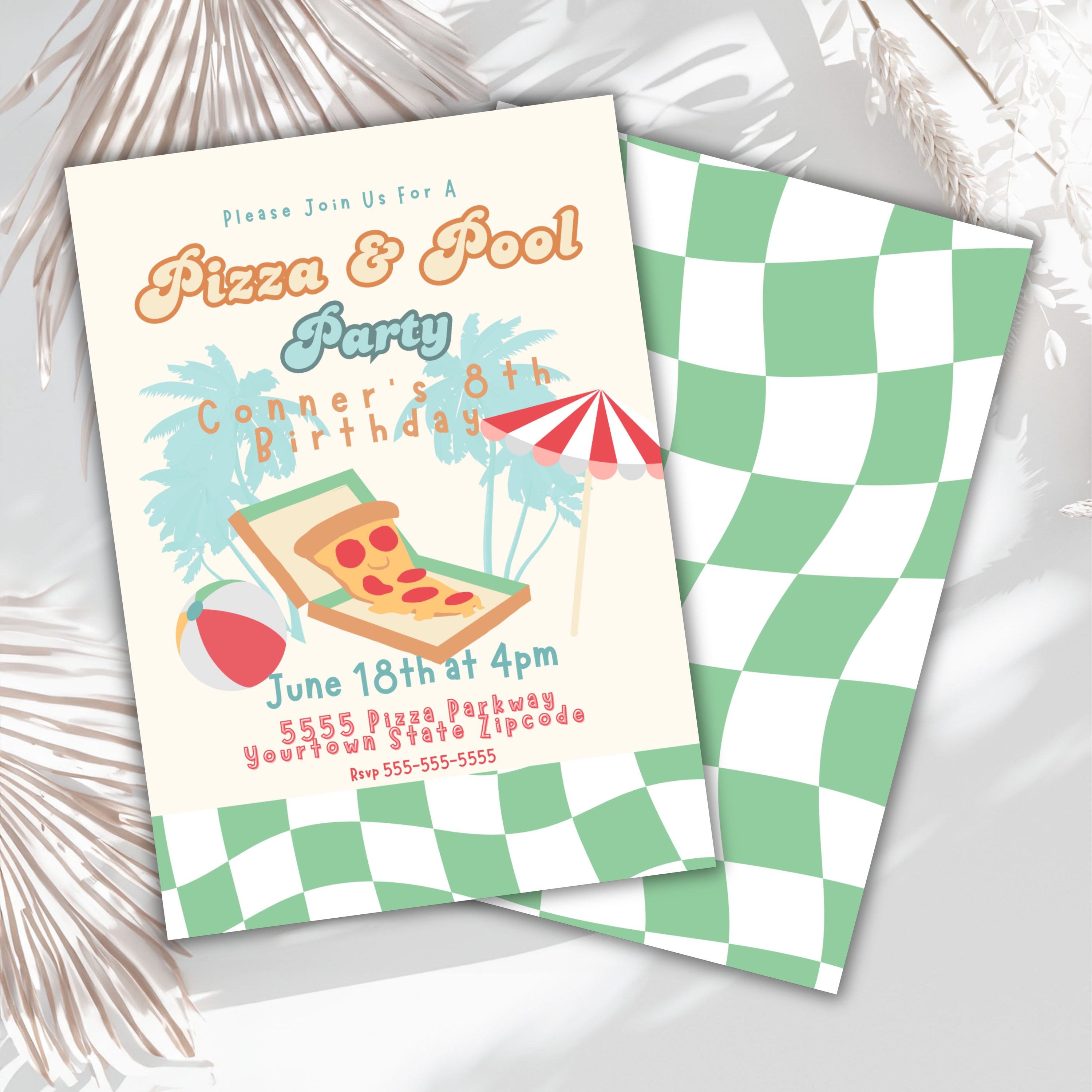 Editable Pizza Pool Party Invitation Retro Boys Swimming Retro Pizza ...
