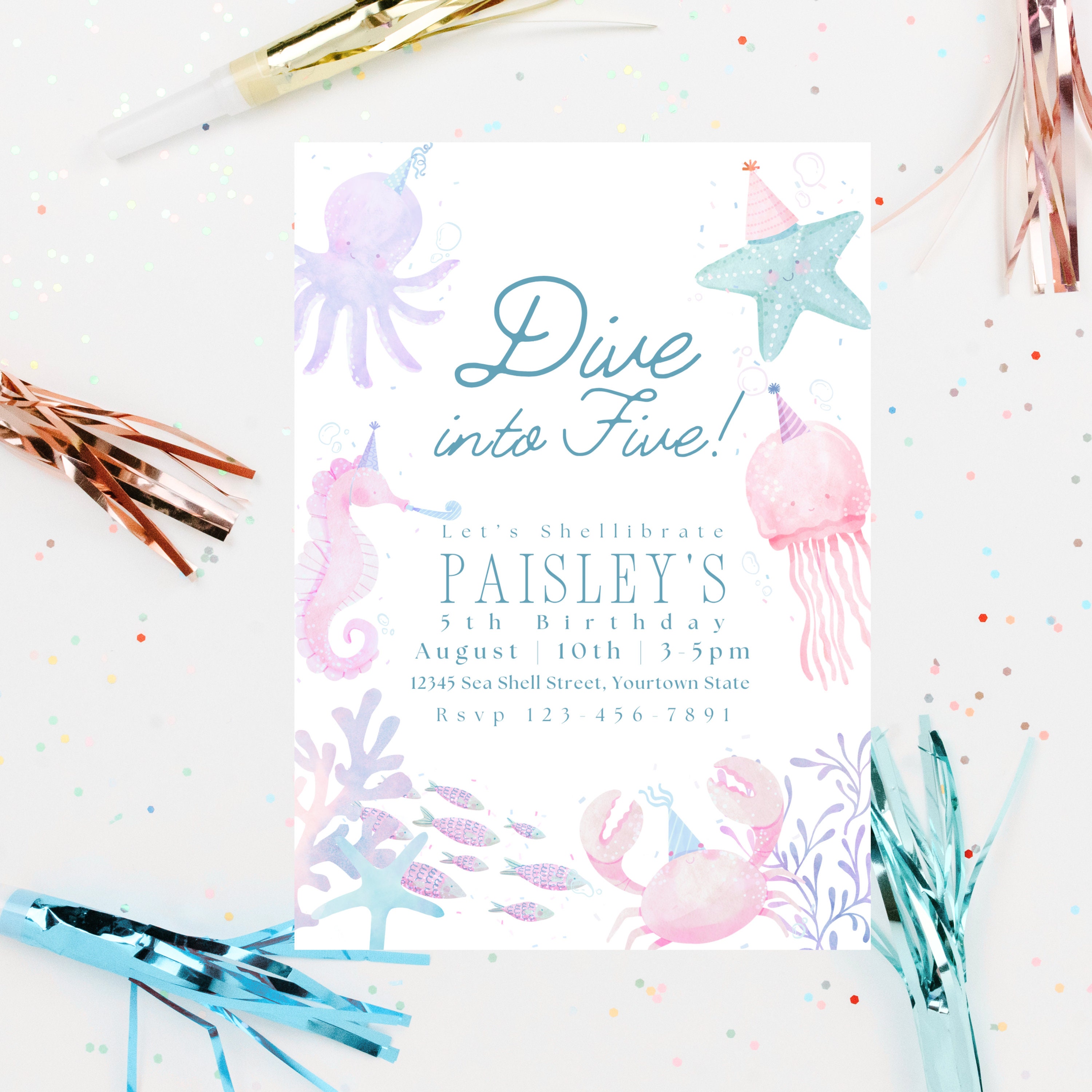 Editable Dive Into Five Invitation Pastel Beach Pool Party Girls 5th ...