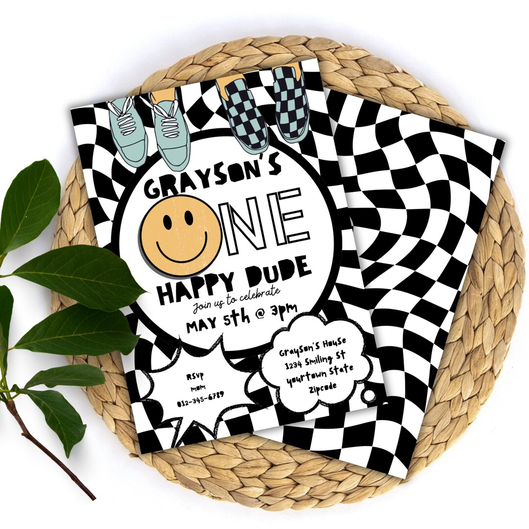 Editable One Happy Dude Invite , Cool Dude Birthday Party, 90s Punk ...