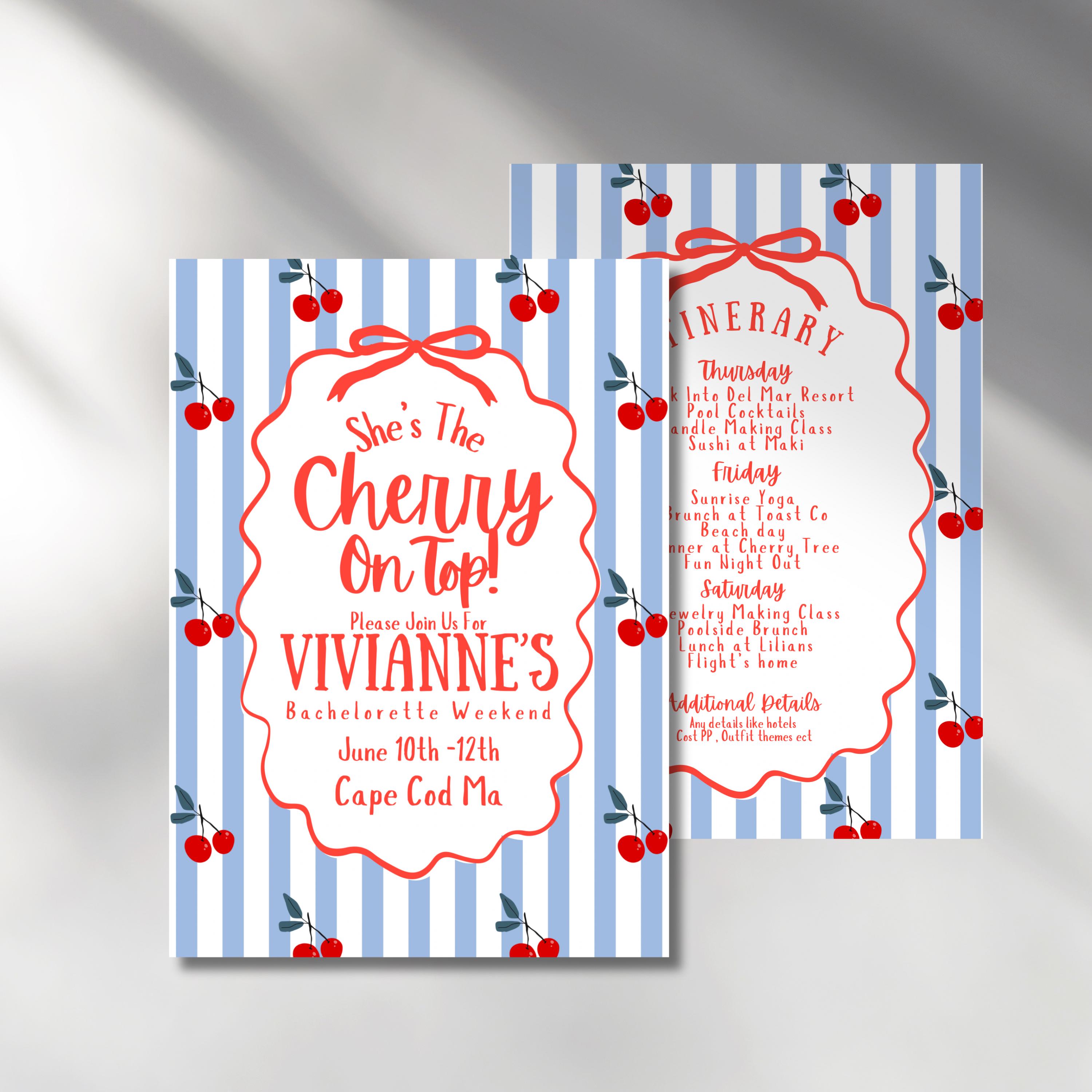Editable Cherry on Top Bachelorette Invites Bow Theme Party Coquette ...