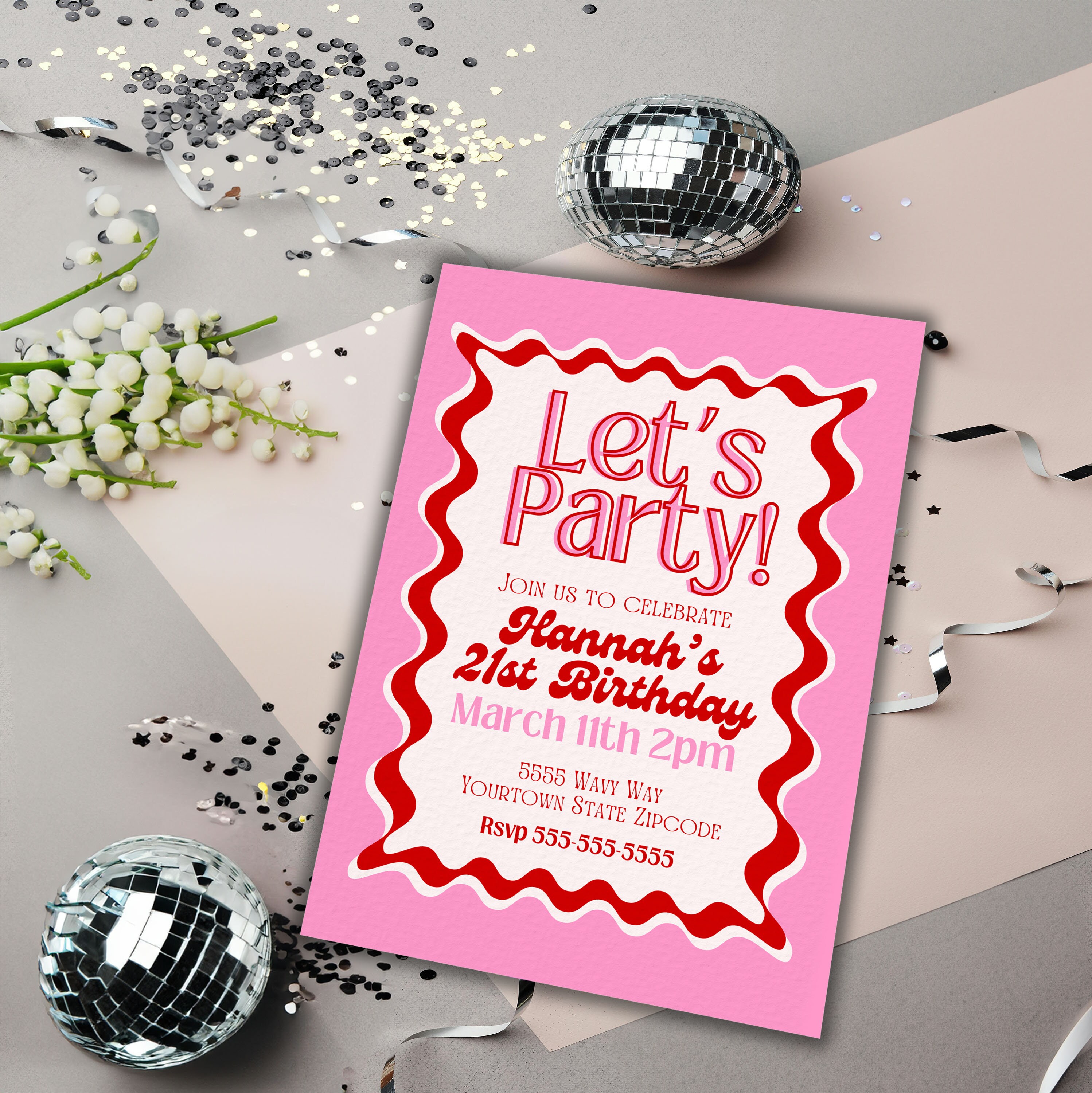 Editable Wavy Retro Preppy Aesthetic Invites, 70s Theme Invite , Wavy ...