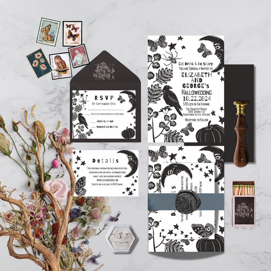 Editable Folk Halloween Wedding Rsvp Invite Hallowedding October Gothic ...