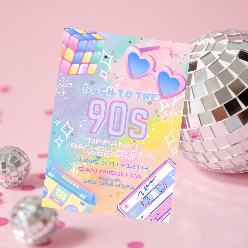 Printable 90s Theme Bachelorette Invite Pastel Invitation Bach to the ...
