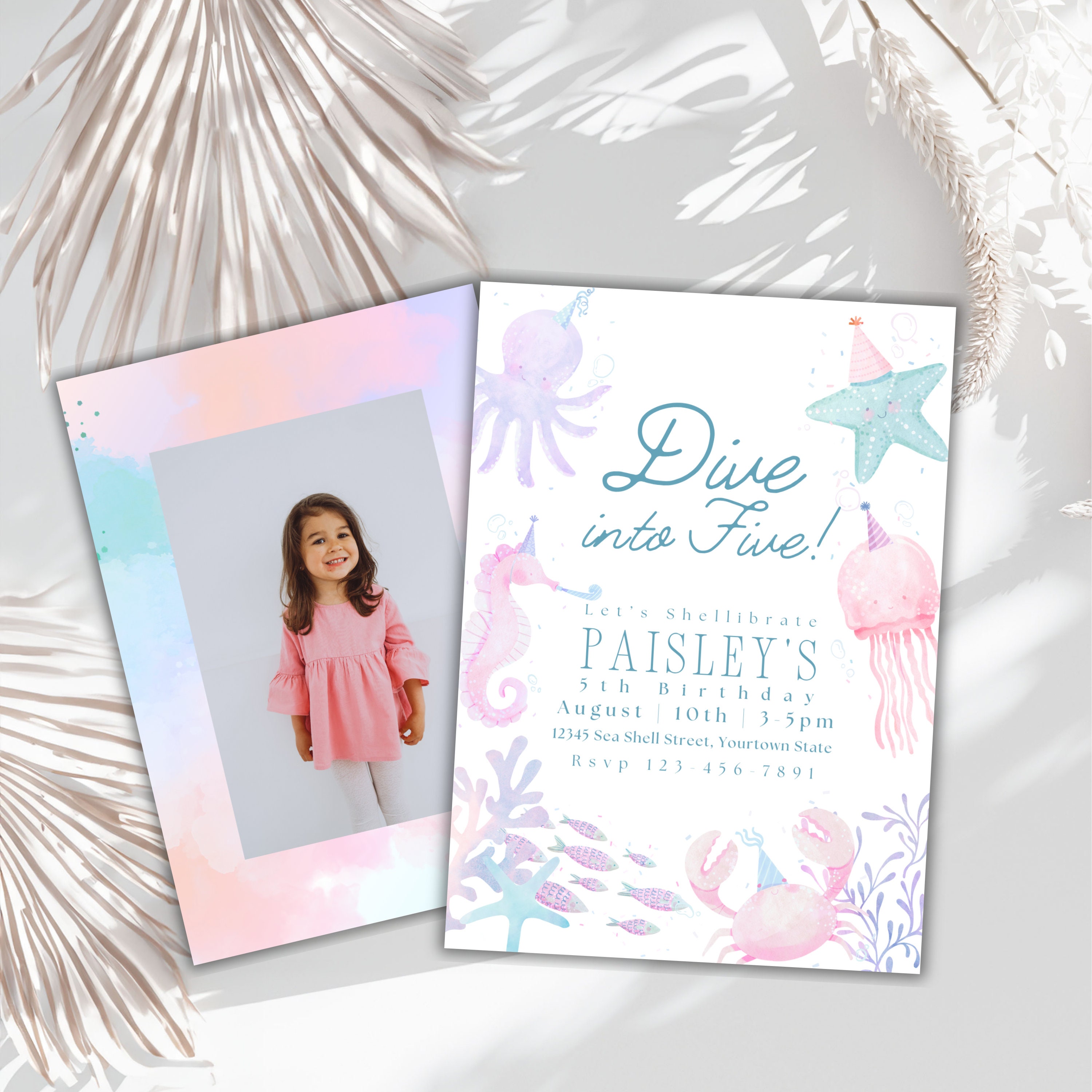 Editable Dive Into Five Invitation Pastel Beach Pool Party Girls 5th ...