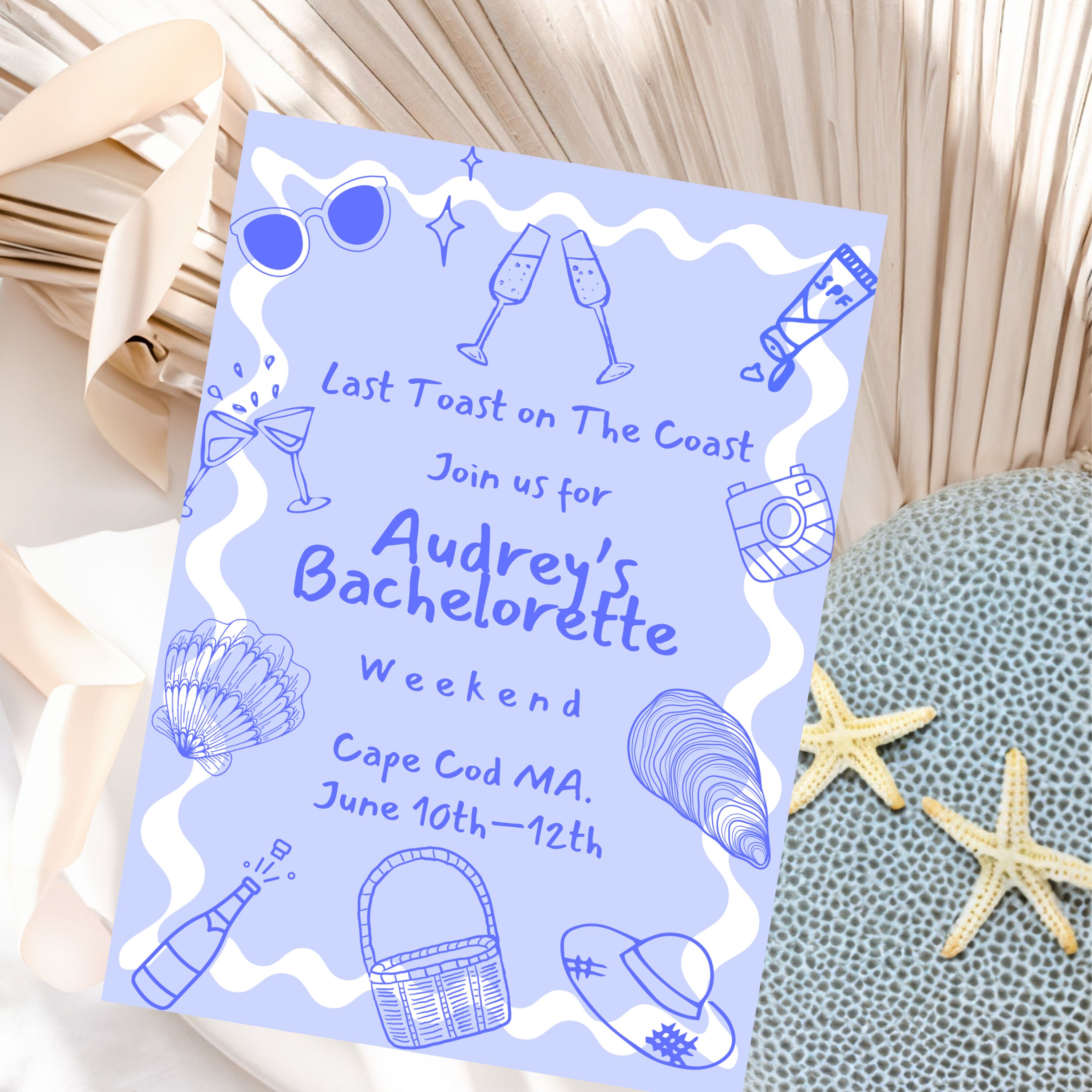 Editable Coastal Doodle Bachelorette Invitation Set Last Toast on the ...