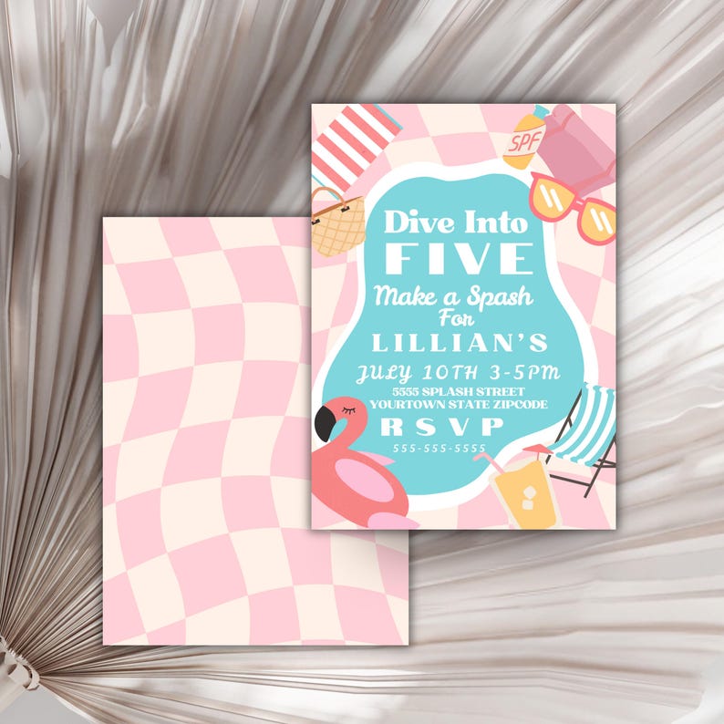 Editable Girl Dive Into Five Invitation Flamingo Pool Party Cool 5th ...