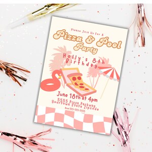 Editable Pizza Pool Party Invitation Retro Pink Swimming Retro Preppy ...