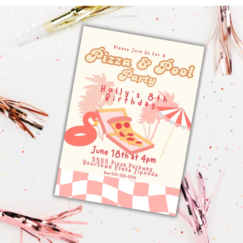 Editable Pizza Pool Party Invitation Retro Pink Swimming Retro Preppy ...