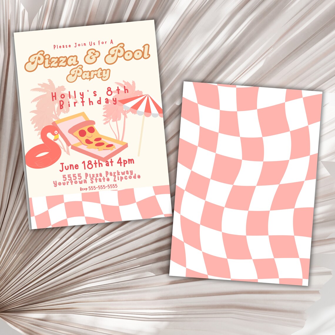 Editable Pizza Pool Party Invitation Retro Pink Swimming Retro Preppy ...